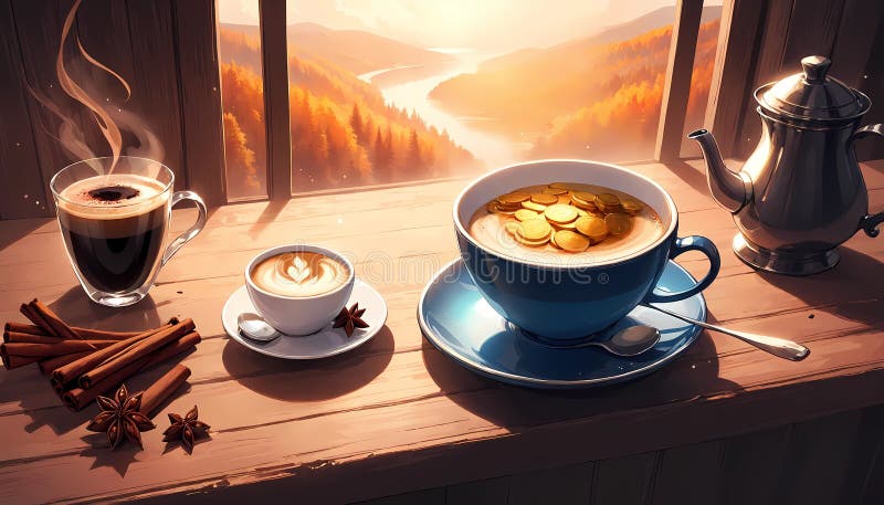 Magic Hot Coffee with Gold Coins Stock Illustration - Illustration of ...