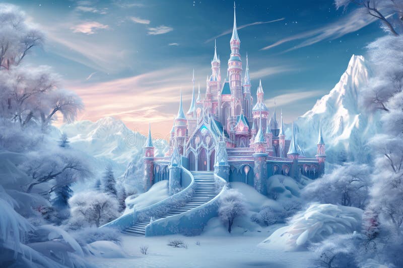 Magic Ice Castle in Snowy Fantasy Landscape, Digital Art Stock ...