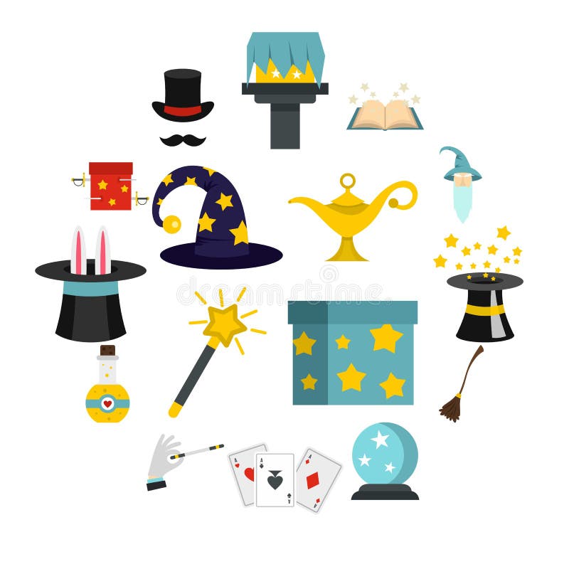 Magic Icons Set in Flat Style Stock Illustration - Illustration of ...