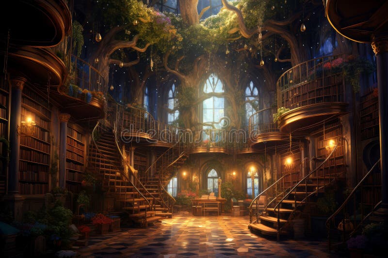 Interior of Library with Many Bookshelves. Rows of Cabinets with Old ...