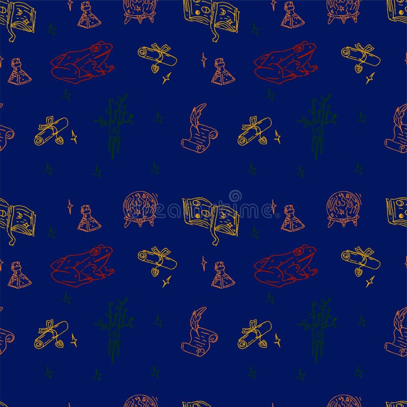 Magic Items Seamless Pattern in Hand Draw Style on Blue Background ...