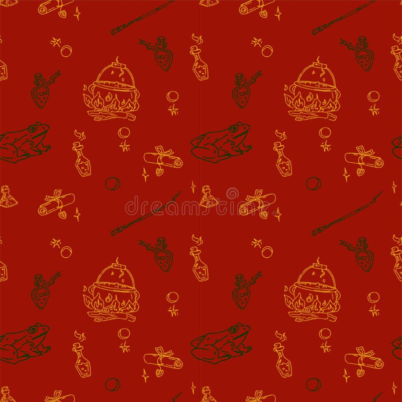 Magic Items Seamless Pattern in Hand Draw Style on Rad Background ...