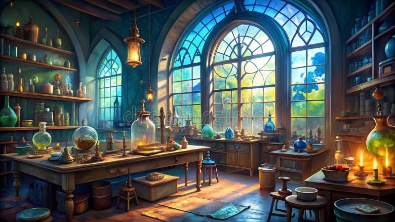 Magic Laboratory with Objects and Experiments with Huge Windows. Stock ...