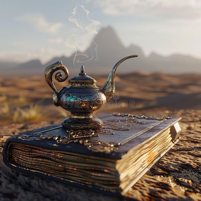 Magic Lamp Atop Antique Book in Desert Stock Illustration ...