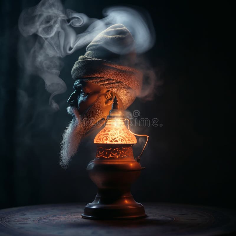 Magic Lamp, the Outline of the Head of a Genie in the Smoke from an ...