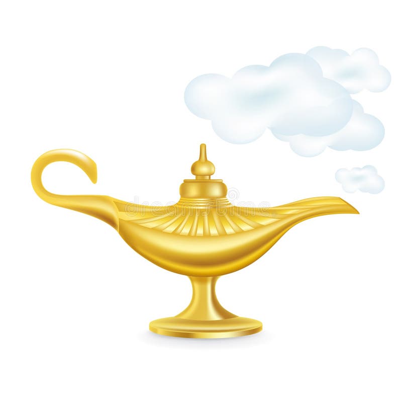 Golden Magic Lamp with Genie Isolated on White Stock Illustration ...
