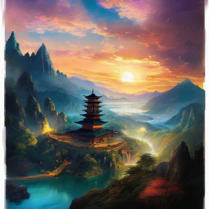 Magic Landscape with Chinese Temple in Frame. Vector Illustration Stock ...