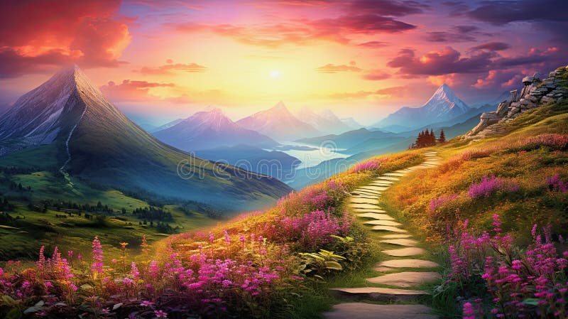 Magic Landscape with a Path in a Pink Flower Flield, Mountainscape and ...