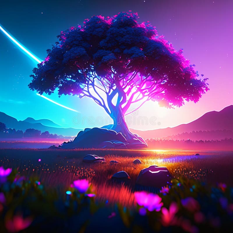 Magic Landscape with Tree, Grass and Flowers. 3d Rendering AI Generated ...