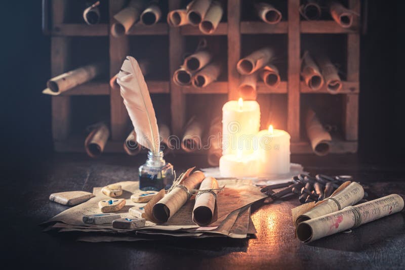 Magic Library Full of Medieval and Old Scrolls Stock Image - Image of ...