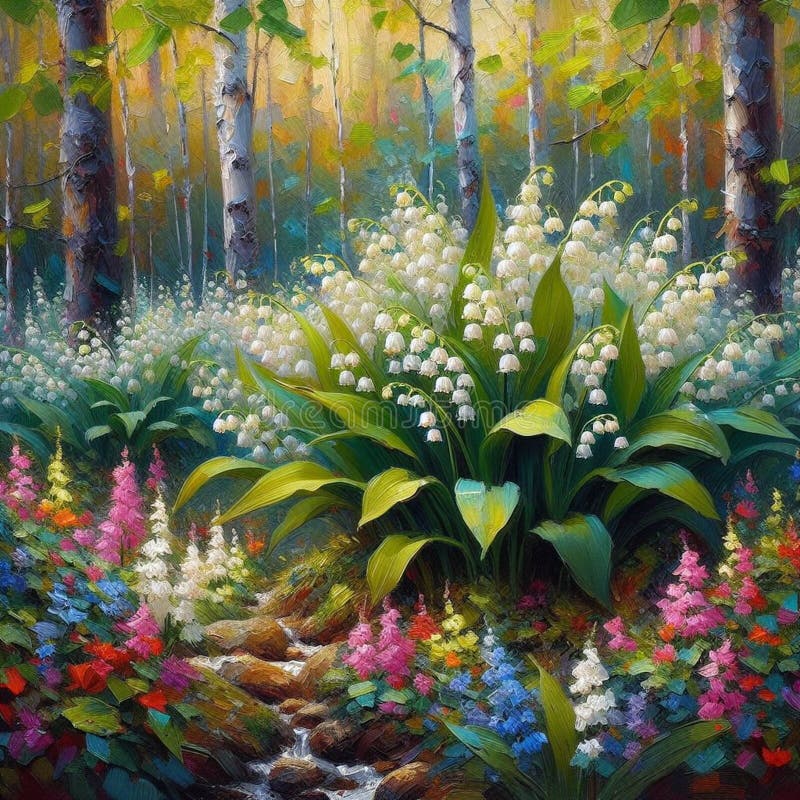 Magic Lilies of the Valley in the Spring Forest. Stock Illustration ...