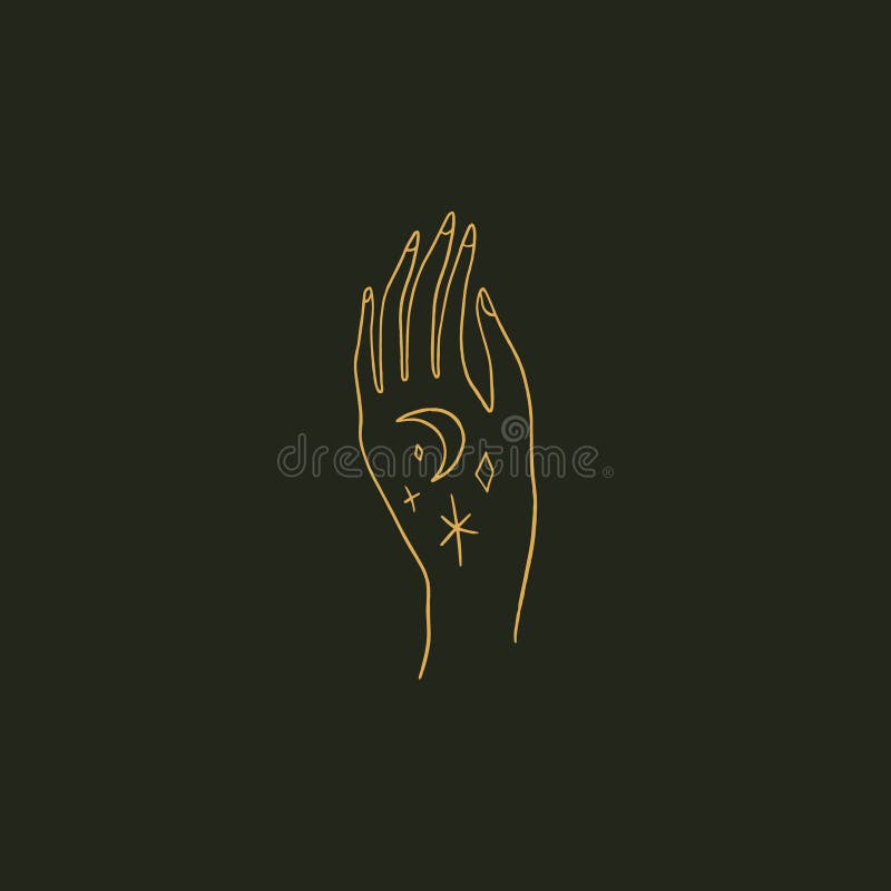 Magic Line Art Sacred Hand Logo or Label. Moon and Stars Stock Vector ...
