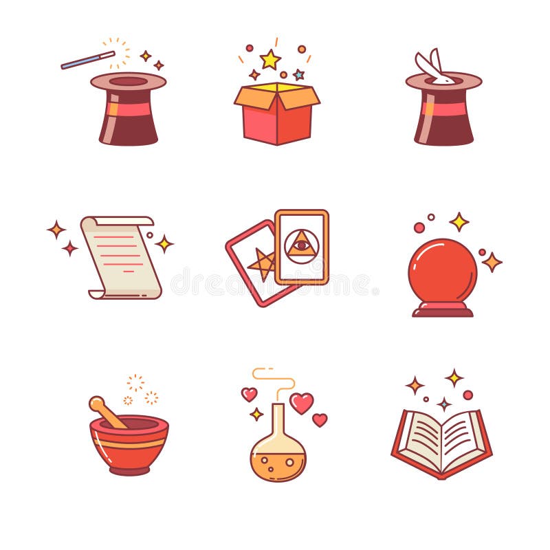Magic and Magician Tools. Thin Line Art Icons Set Stock Vector ...