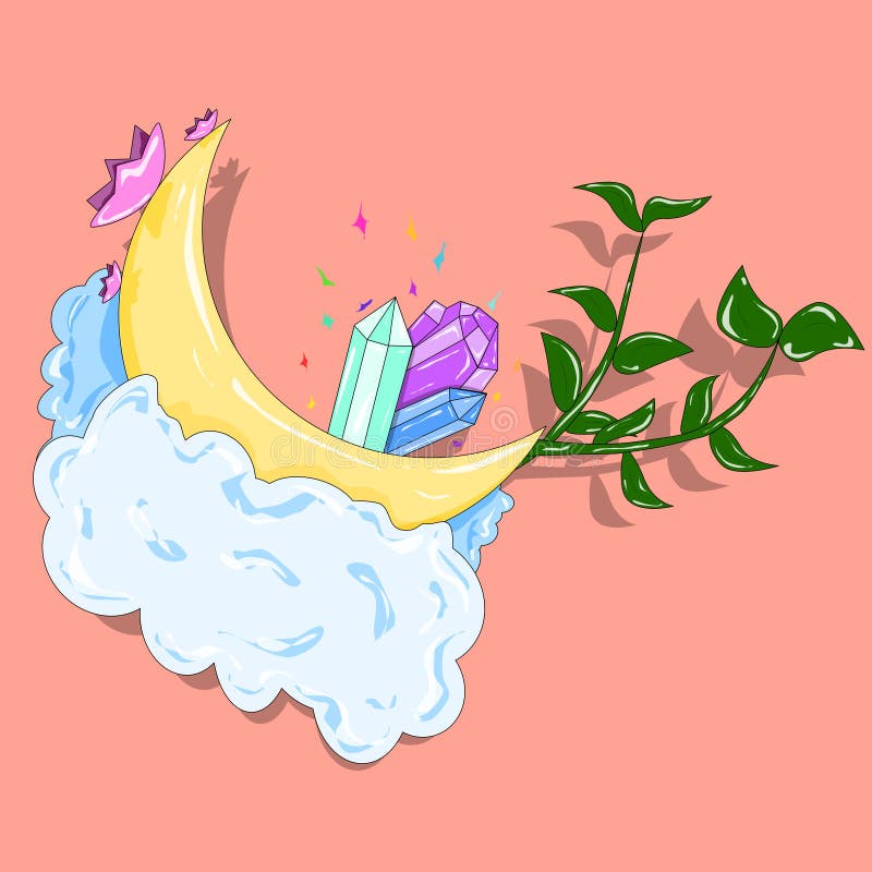 Magic Moon with Crystal Lotuses and Plants Stock Vector - Illustration ...