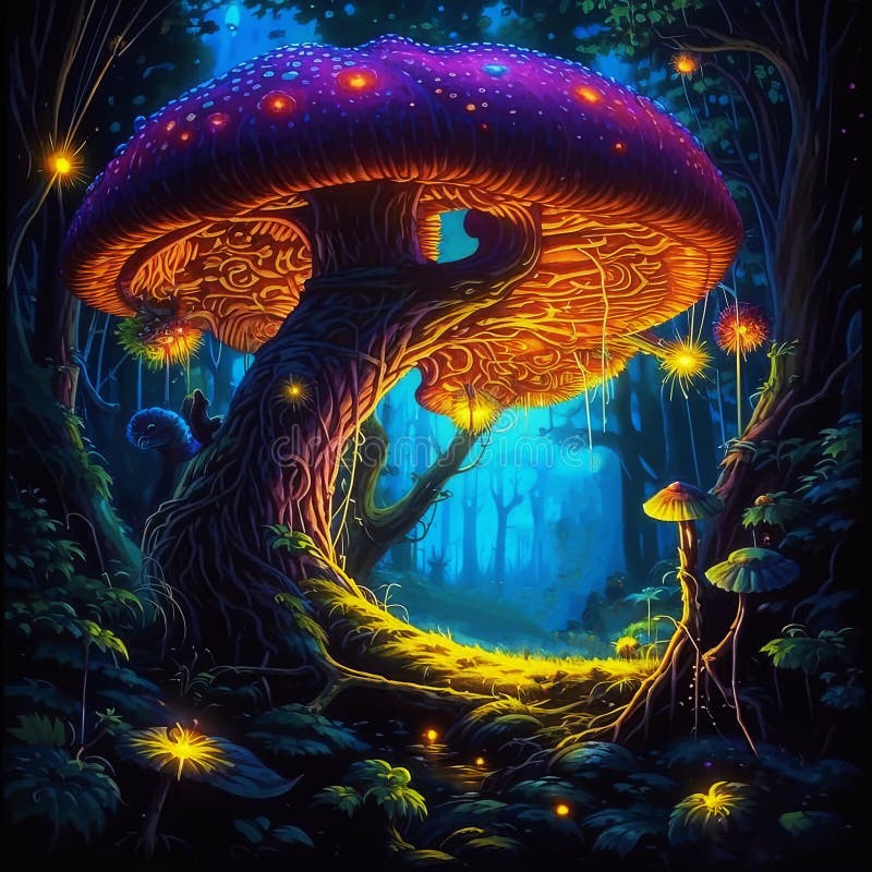 Magic Mushroom Forest with Fireflies in the Dusk Stock Illustration ...