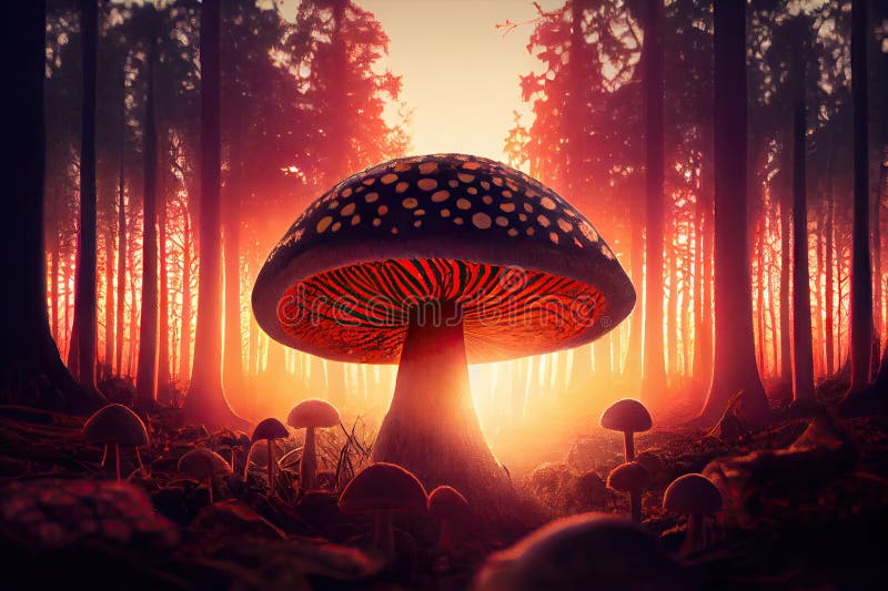 Magic Mushroom Growing in the Forest, with View of the Sunrise Stock ...