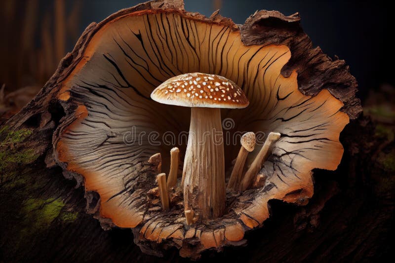 Magic Mushroom Growing Out of Decaying Tree Trunk Stock Photo - Image ...