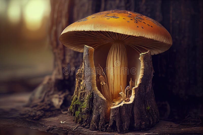 Magic Mushroom Growing Out of Decaying Tree Trunk Stock Illustration ...