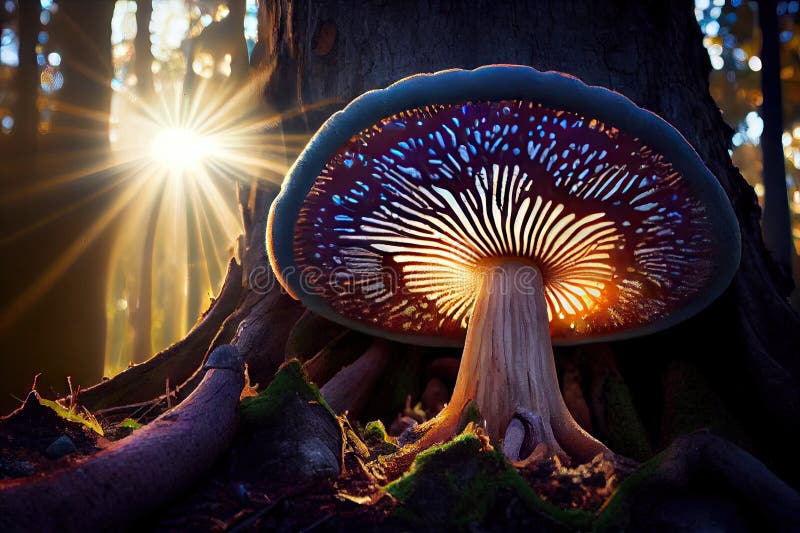 Magic Mushroom Growing on Tree Trunk, with Sun Shining through the ...