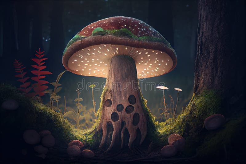 Magic Mushroom Growing on Tree Trunk, Surrounded by Greenery Stock ...