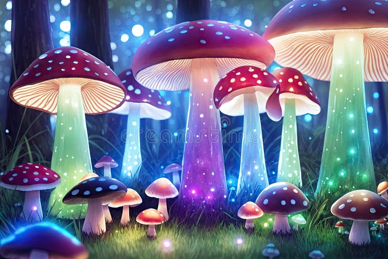 Magic Neon Mushroom Family in Forest, Glow in the Dark, Generative Ai ...