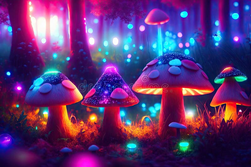 Magic Neon Mushroom Family in Forest, Glow in the Dark, Generative Ai ...
