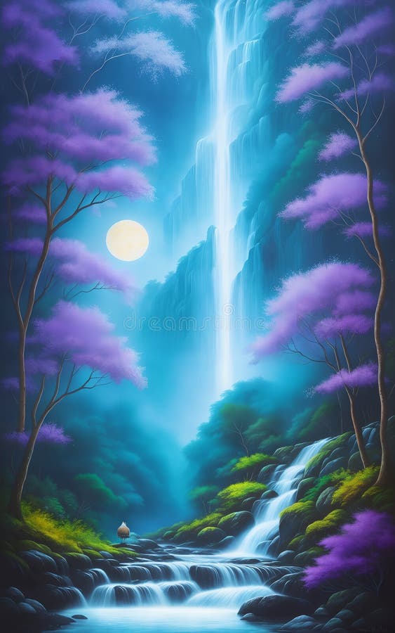 Magic Night Forest. Waterfall and Moon Stock Illustration ...