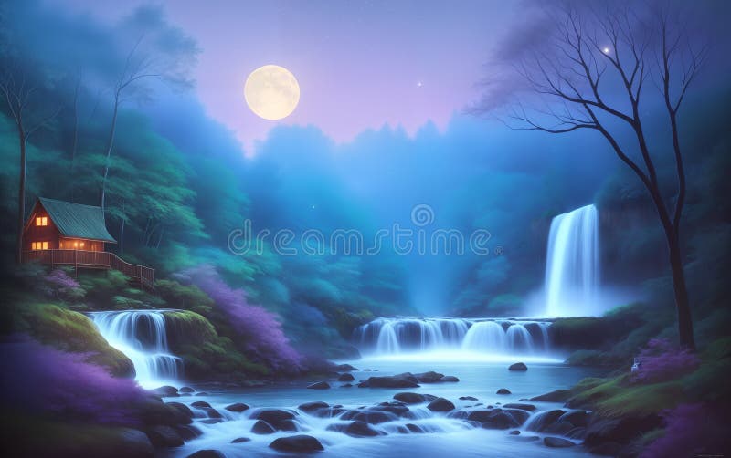 Magic Night Forest. Waterfall and Moon Stock Illustration ...