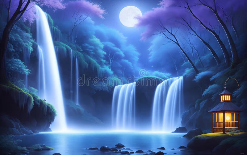 Magic Night Forest. Waterfall and Moon Stock Illustration ...