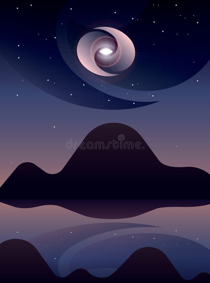 Magic Night Landscape with Water and Mountain Stock Illustration ...
