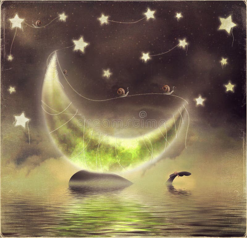 Moon and Star at Night Illustration Stock Illustration - Illustration ...