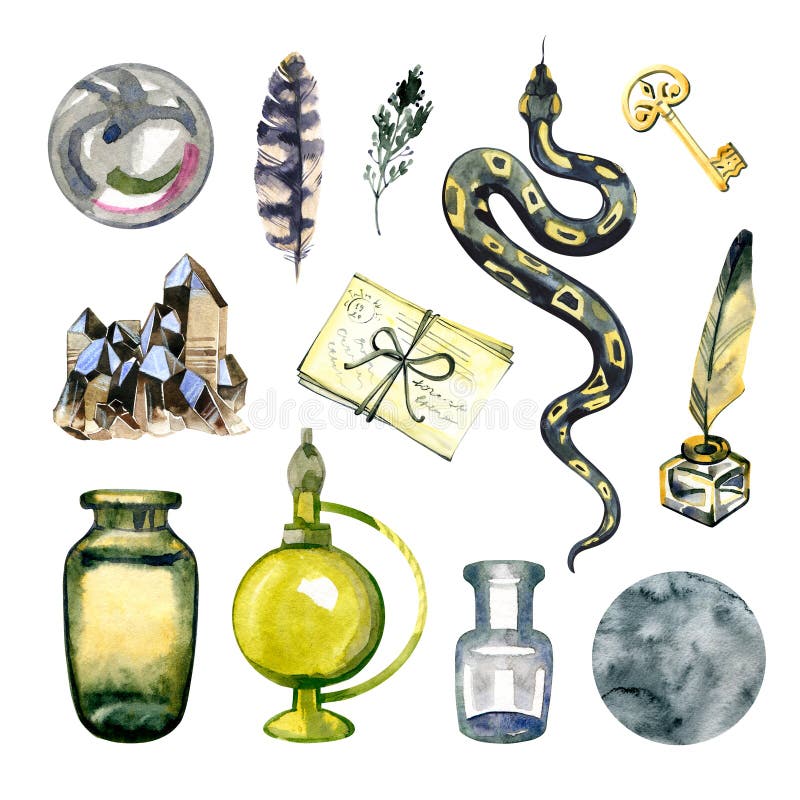 Magic Objects Hand Drawn in Watercolors for Wizard School Party Design ...