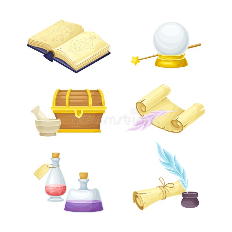 Magic Objects Set. Book, Glass Ball, Bottles of Potion, Chest, Paper ...