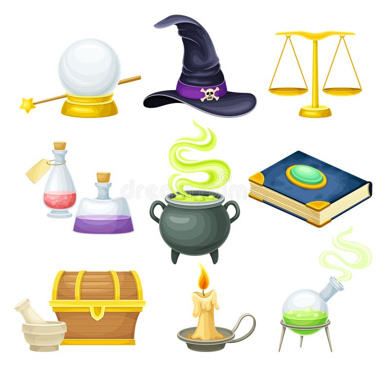 Magic Objects Set. Magic Wand, Glass Ball, Cauldron with Bubbling ...