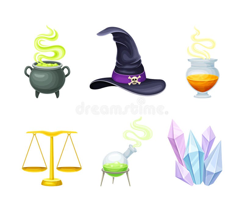 Magic Objects Set. Witch Hat, Cauldron with Bubbling Potion, Scales ...