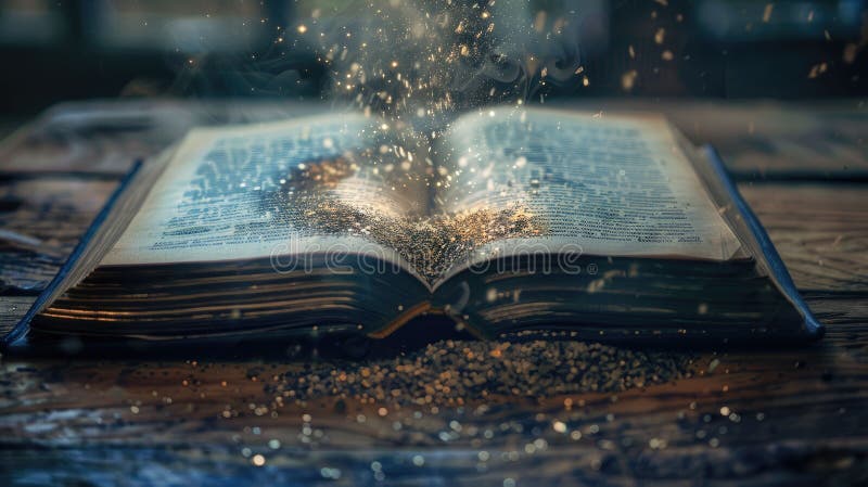 Magic Open Book with Glowing Lights and Magic Powder Floating on the ...