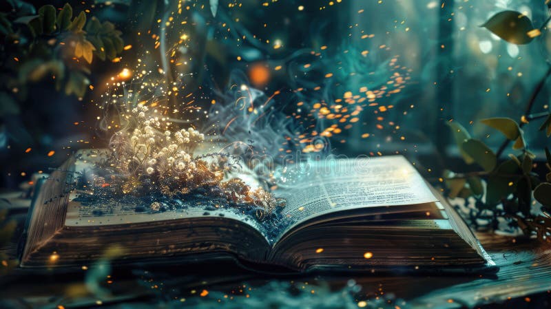 Magic Open Book with Glowing Lights and Magic Powder Floating on the ...
