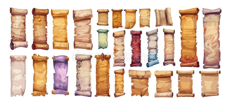 Magic Parchment Scrolls Cartoon Vector Set. Wizard Spells Twisted Curly ...