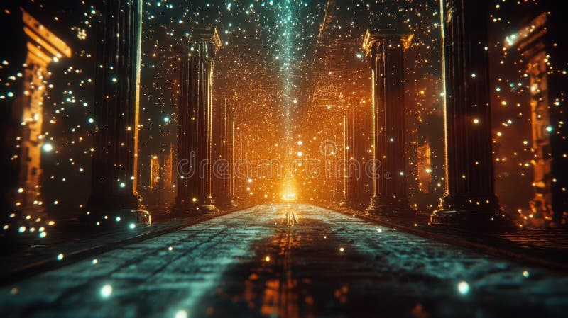 Magic Particles Falling on a Path between Pillars at Night Stock Photo ...