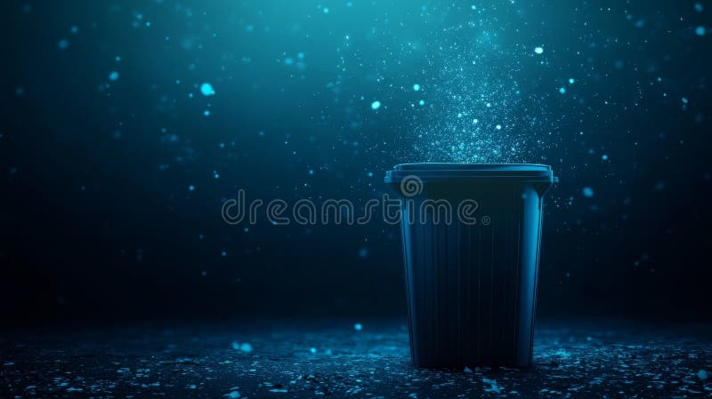 Black Plastic Trash Can with Magic Particles Floating on Dark Blue ...