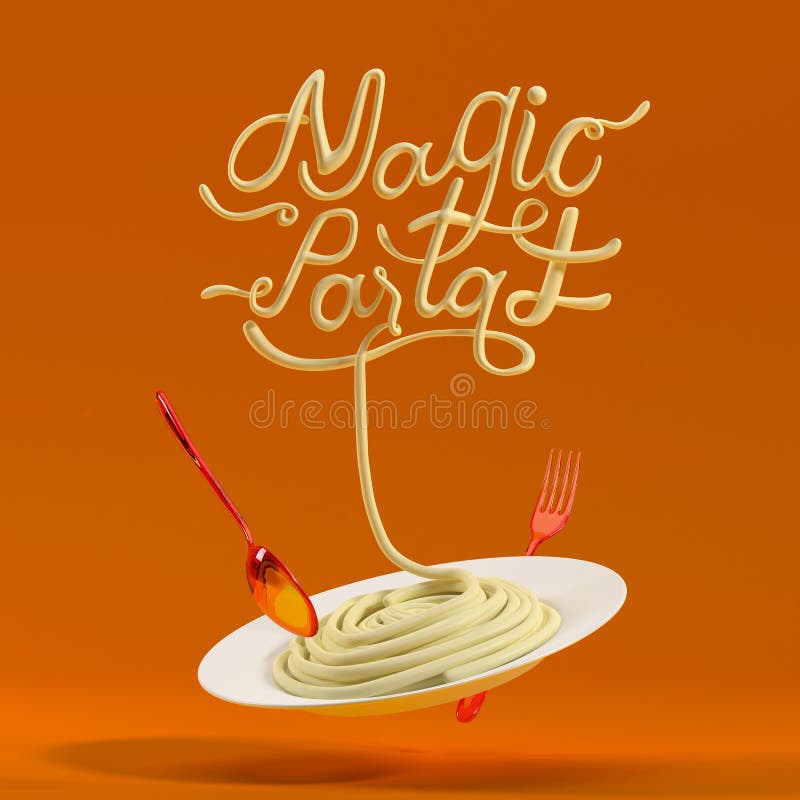 Magic Pasta Quote with Spoon and Fork 3D Rendering Stock Illustration ...