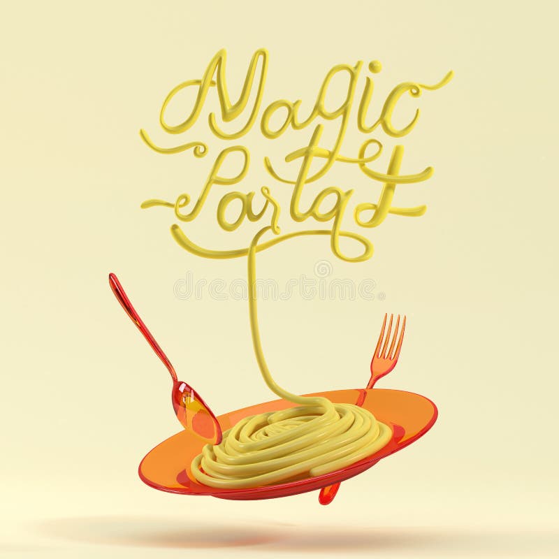 Magic Pasta Quote with Spoon and Fork 3D Rendering Stock Illustration ...