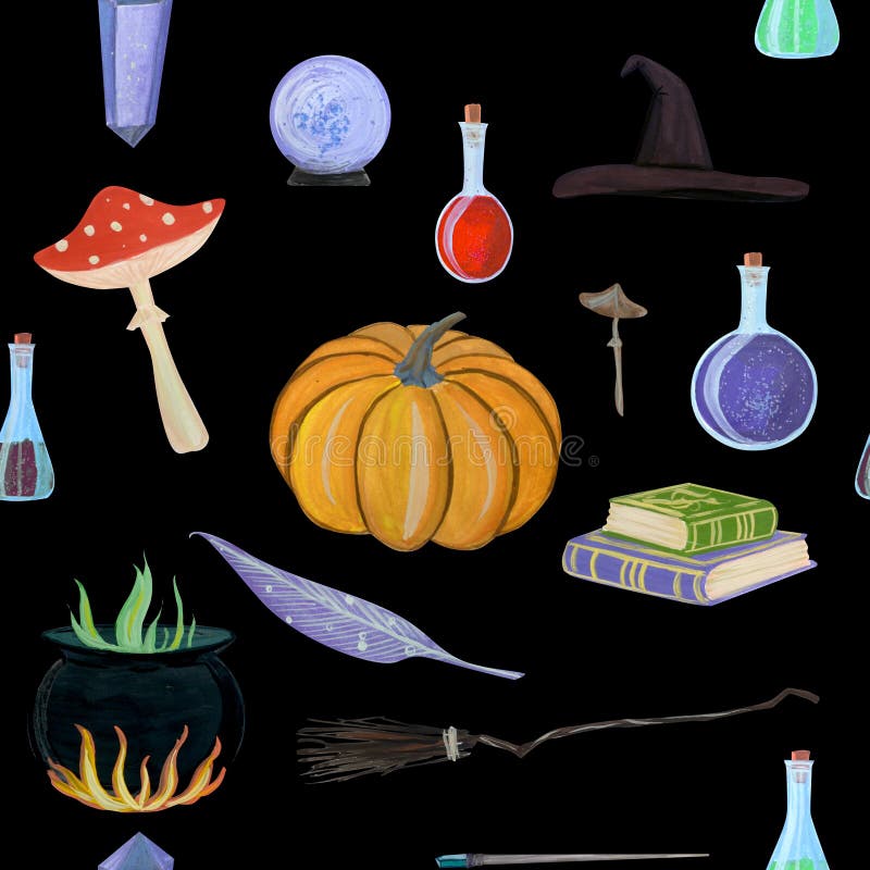 Magic Pattern with Pumpkin, Fly Agaric Stock Illustration ...