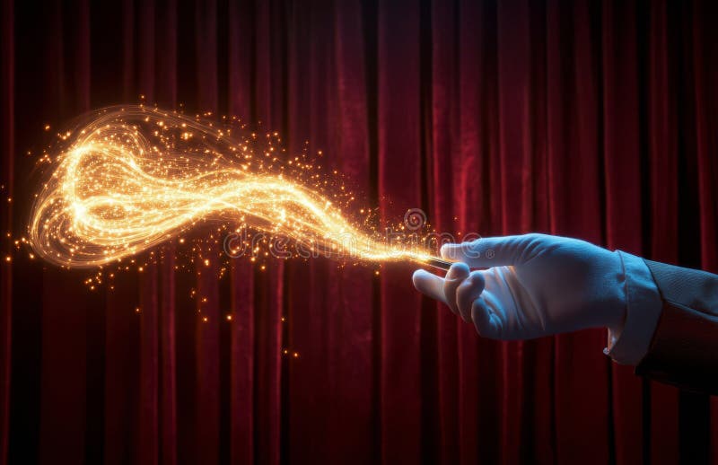 Magic Performance with Wand Creating Glowing Sparkles in a Theater ...