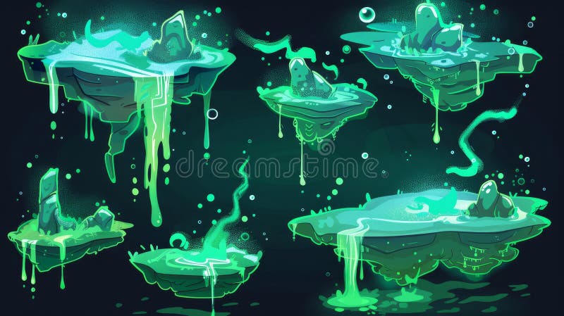 Magic Platform with Creepy Poison Water. Cartoon Modern Set of Flying ...