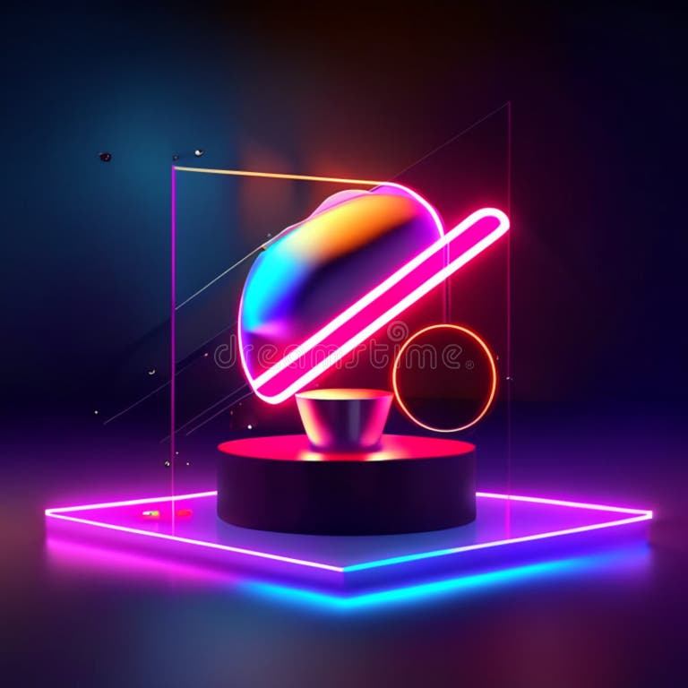 Magic Podium with Glowing Neon Elements. Vector Illustration in Neon ...