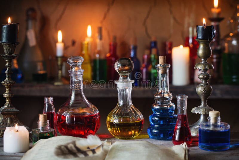 Magic Potion, Ancient Books and Candles Stock Image - Image of glass ...