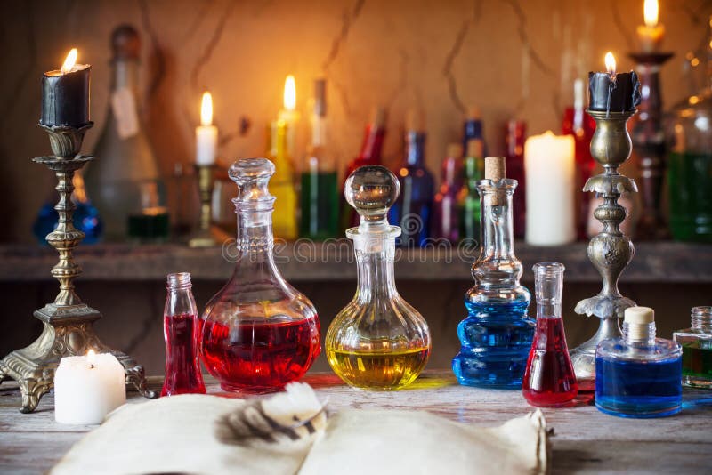 Magic Potion, Ancient Books and Candles Stock Image - Image of color ...
