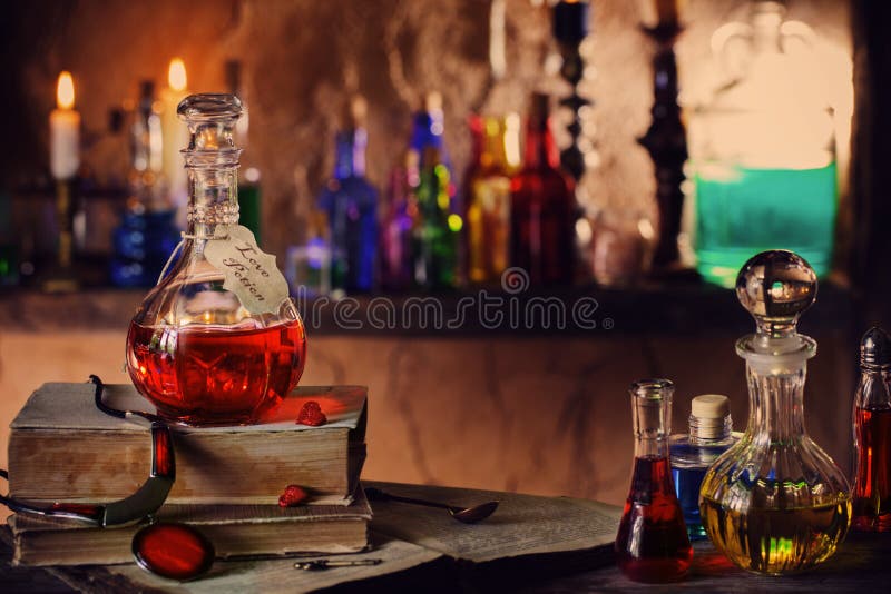 Magic Potion, Ancient Books and Candles Stock Image - Image of green ...