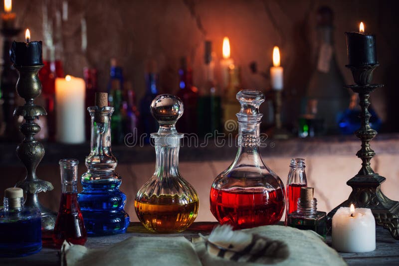 Magic Potion, Ancient Books and Candles Stock Image - Image of liquid ...